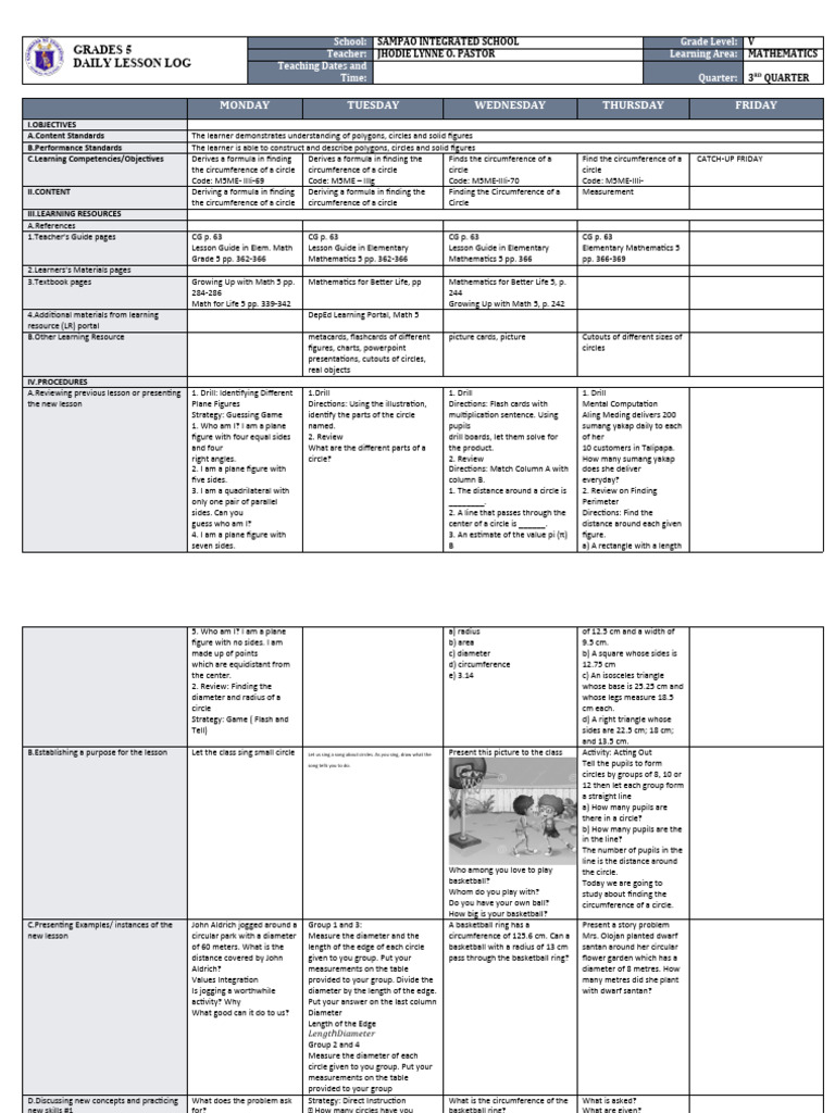 DLL - Mathematics 5 - Q3 - W8 | PDF | Circle | Pi