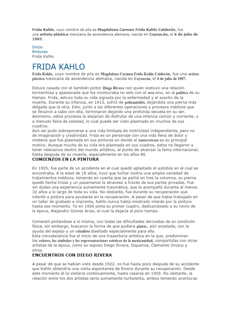 Biografía breve de Frida Kahlo | PDF