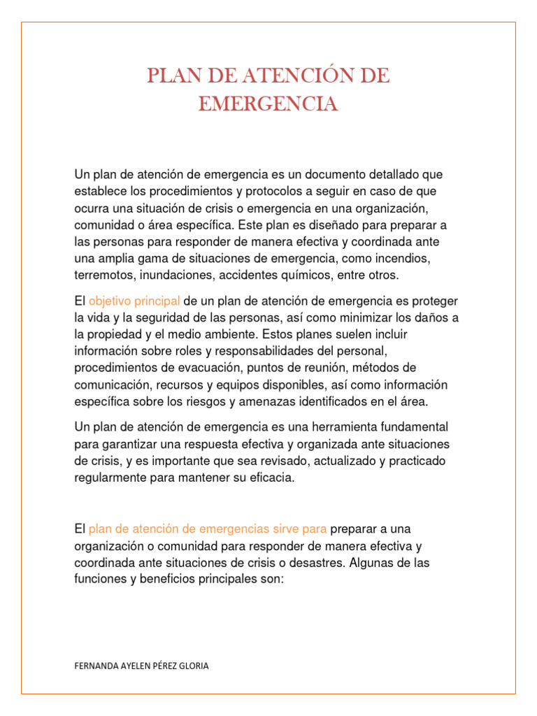 Plan De Atención De Emergencia Pdf Evaluación Comunicación