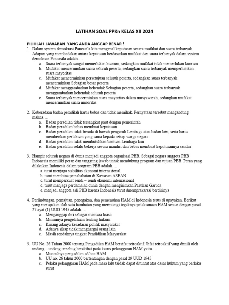LATIHAN SOAL PPKN Kelas XII - 2024 | PDF
