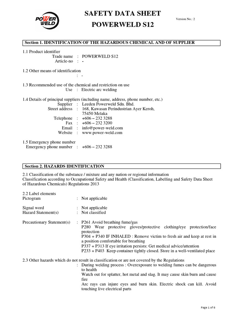 SDS Powerweld S12 | Download Free PDF | Toxicity | Occupational Safety ...