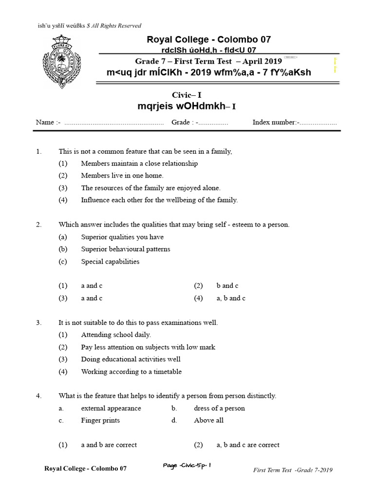 Royal College Grade 07 Civic Education First Term Paper English Medium ...