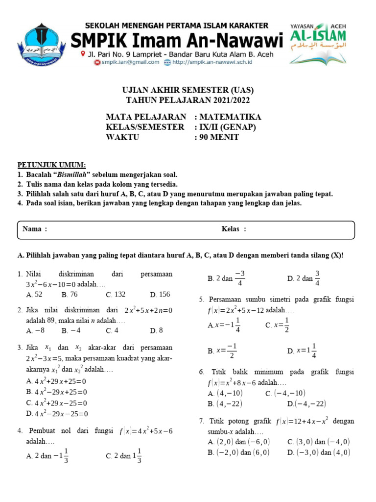 Soal UAS Matematika Kelas IX-2 | PDF