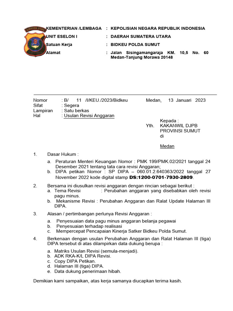 Surat Usulan Revisi Pagu Minus | PDF | Sains & Matematika