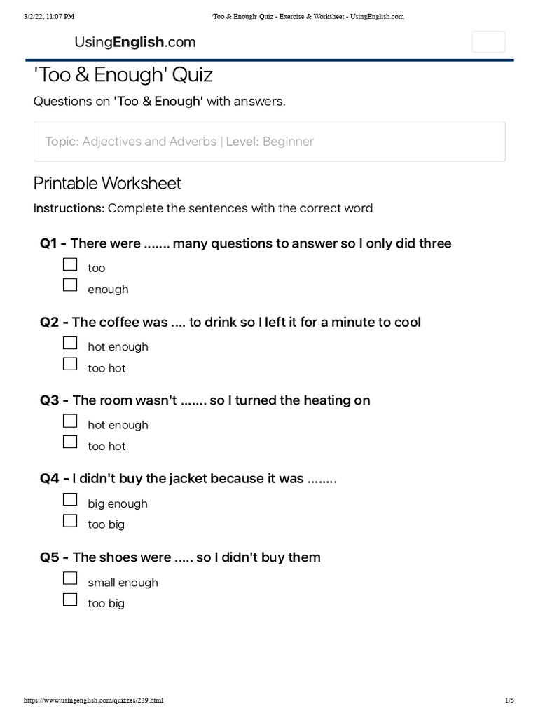 'Too & Enough' Quiz - Exercise & Worksheet | PDF