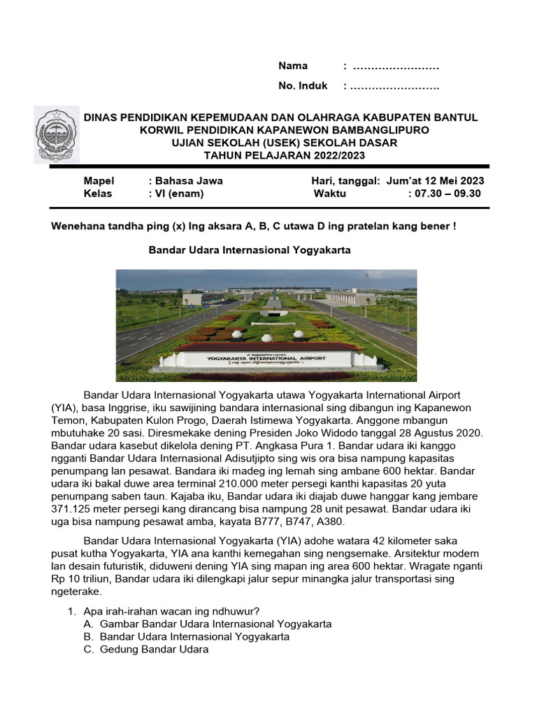 Soal Usek B. Jawa 2023 | PDF | Perjalanan | Seni