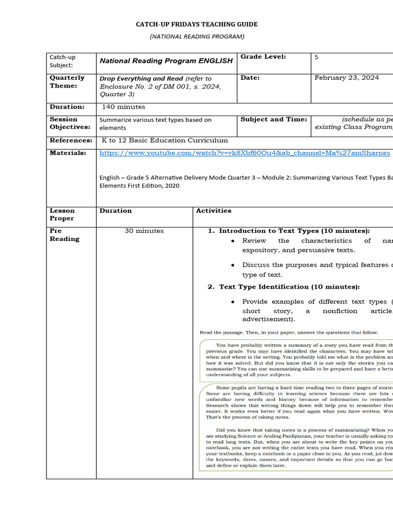 GRADE 5-National Reading Program | PDF | Education Theory | Behavior Modification