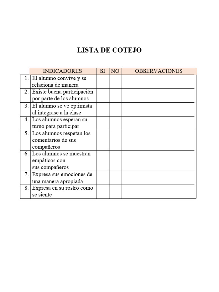 Lista de Cotejo-Desarrollo Socioemocional | PDF