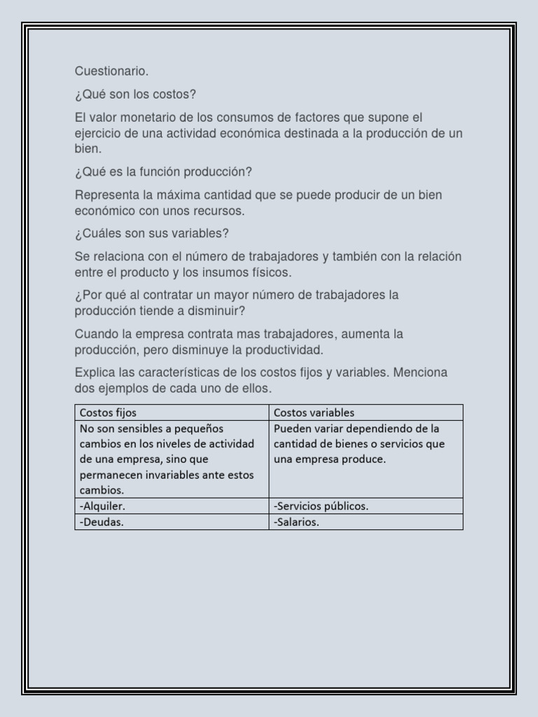 Función De Producción Costos Fijos Y Variables Pdf