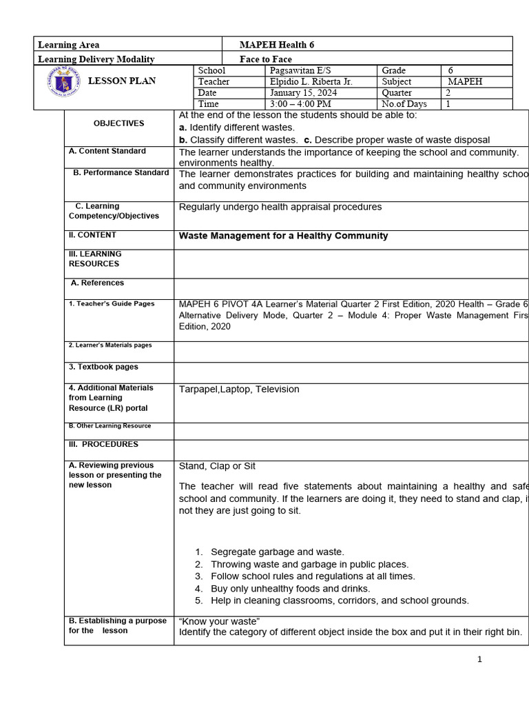 LE-for-COT2-MAPEH 6 | PDF | Waste | Recycling