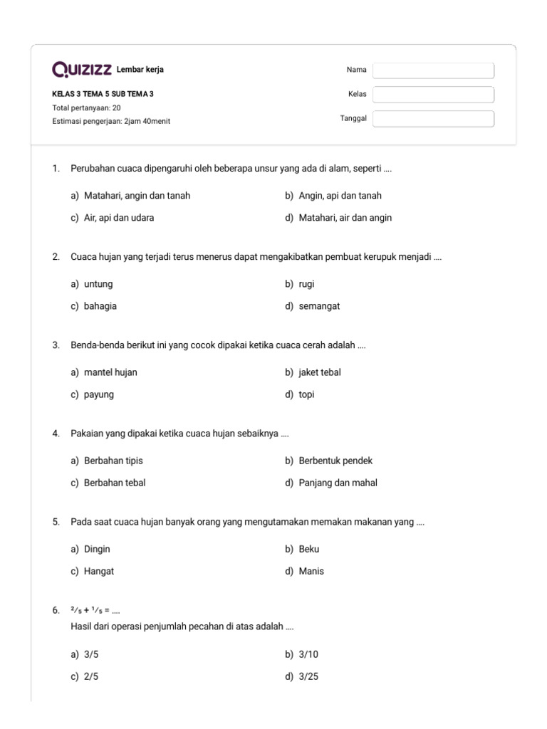 KELAS 3 TEMA 5 SUB TEMA 3 - Quizizz | PDF