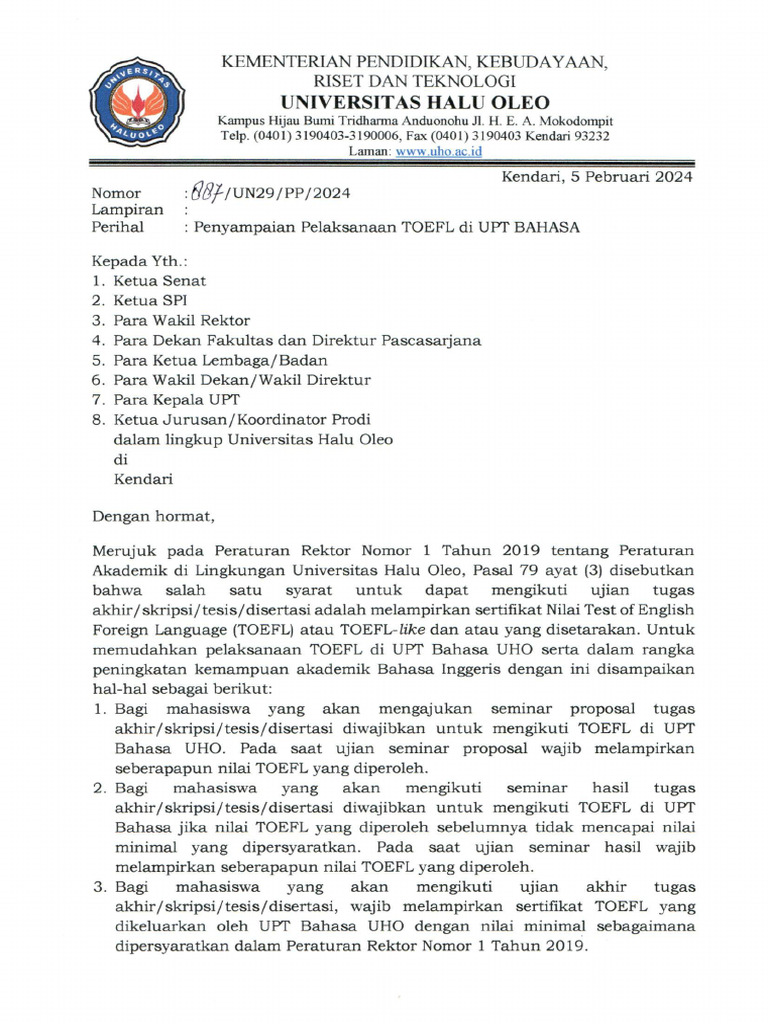 Scan Surat Penyampaian Pelaksanaan TOEFL Di UPT BAHASA | PDF