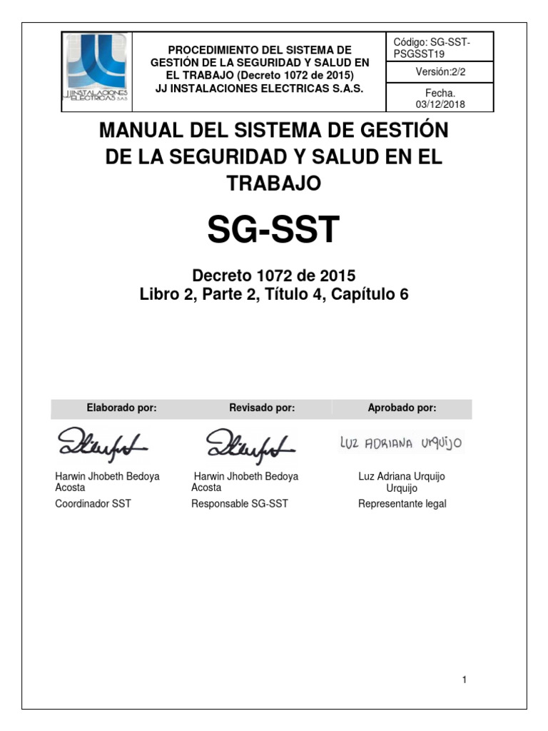 Manual Procedimiento SG SST Jjinstalaciones Electricas | PDF