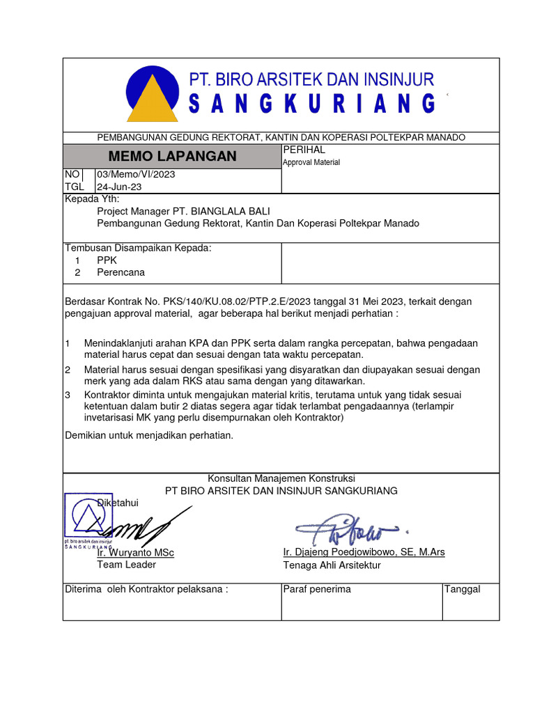 Memo Material Proyek Poltekpar | PDF | Teknologi & Rekayasa