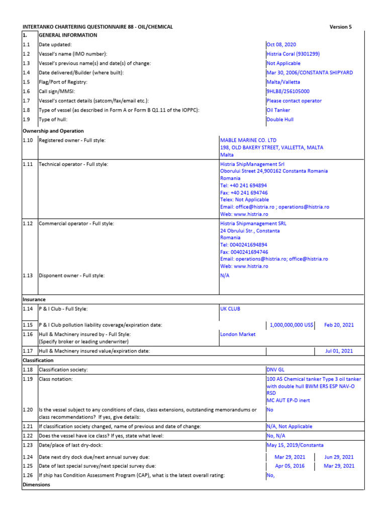 Histria Coral q88 | PDF | Pump | Oil Tanker