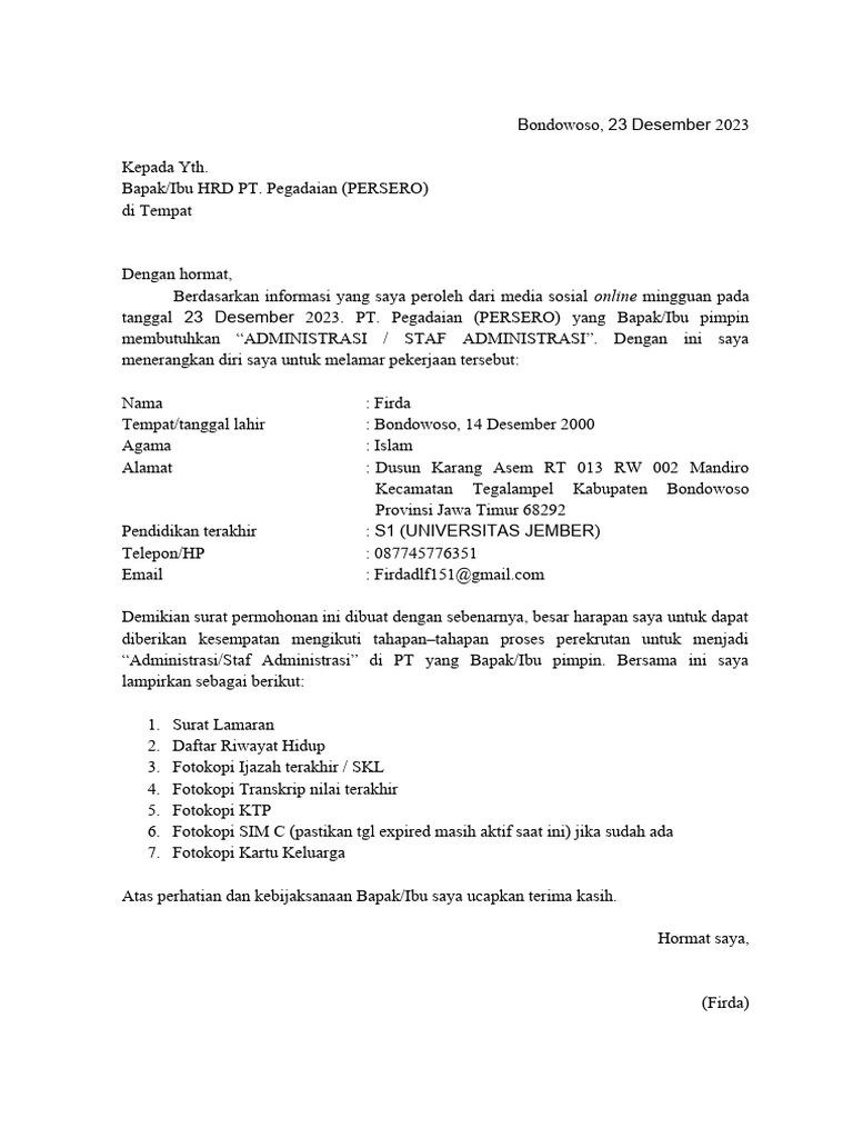 Surat Lamaran+cv Firda Pegadaian | PDF