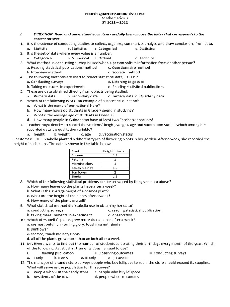Fourth Quarter Summative Test FINAL | PDF | Categorical Variable ... Fourth Quarter Summative Test FINAL | PDF | Categorical Variable ...