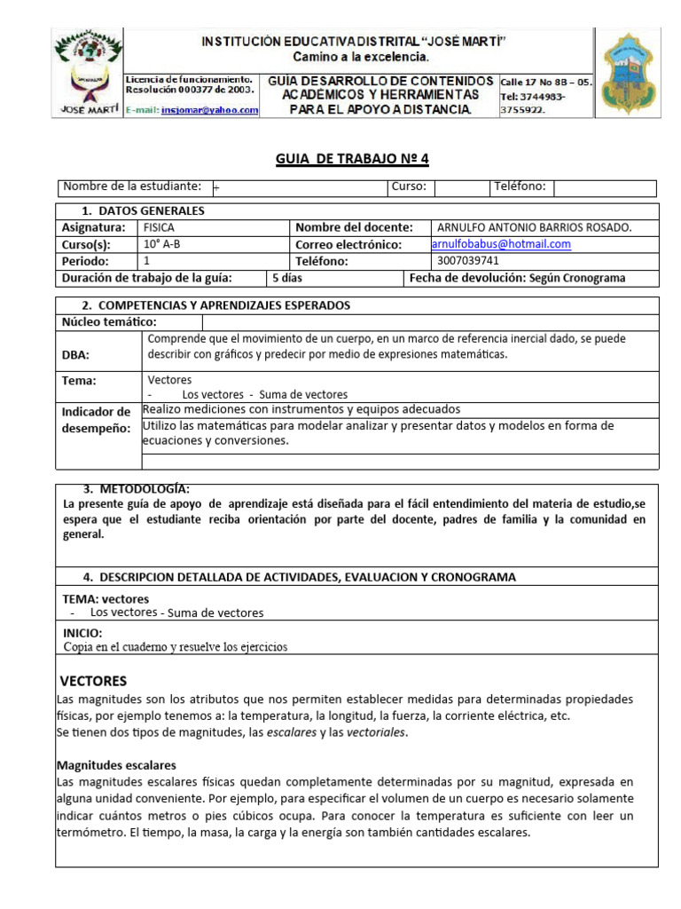 Guia N°4 Vectores Fisica 10° 2024 | PDF | Vector Euclidiano | Geometría