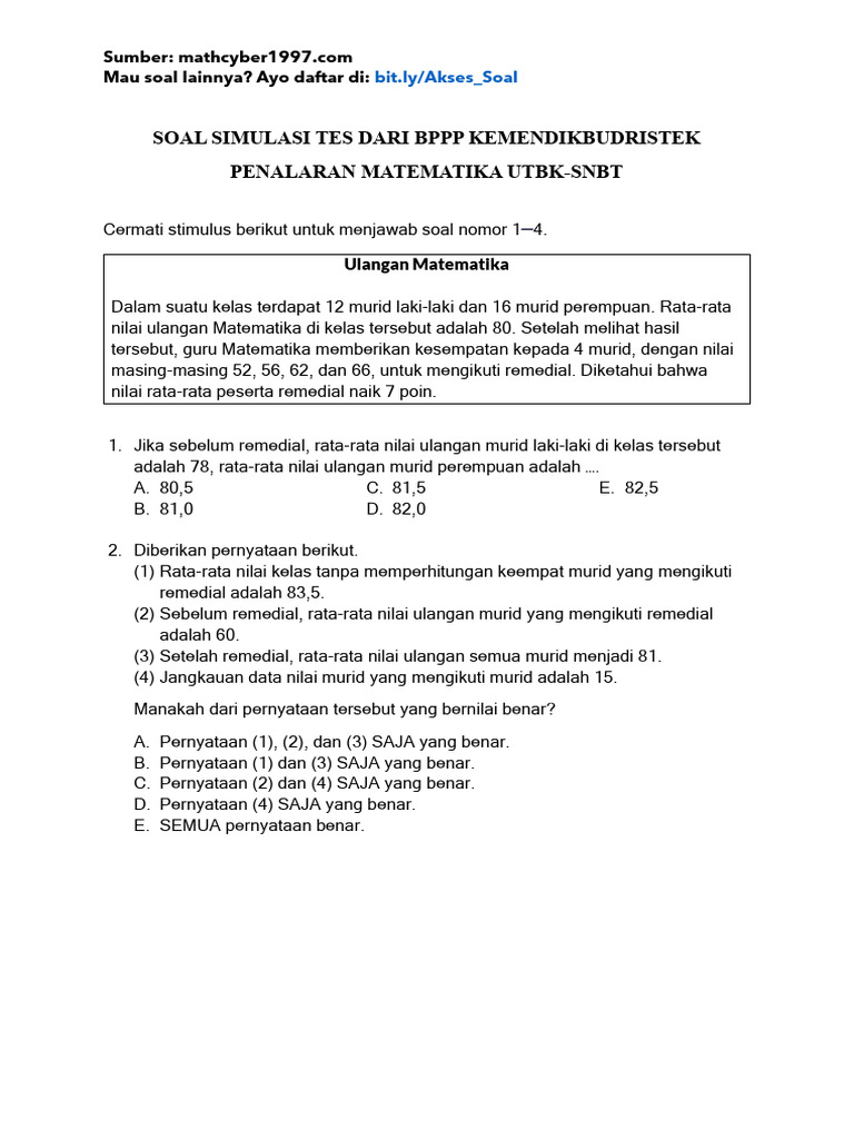 Simulasi Soal Penalaran Matematika UTBK | PDF