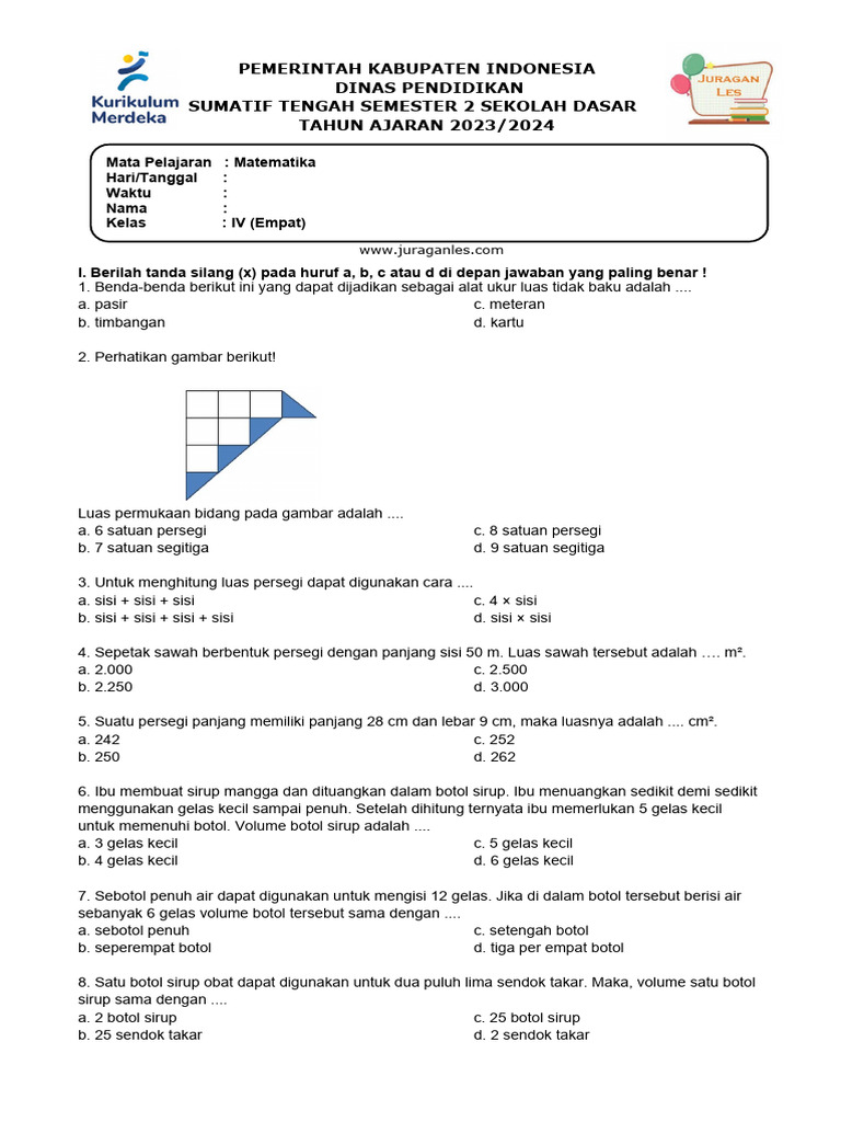 Soal PTS Matematika Kelas 4 Semester 2 Kurikulum Merdeka T.a 2023-2024 | PDF