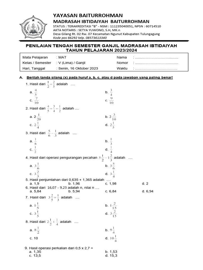 Soal PTS Matematika Kelas V Ganjil 2023 | PDF