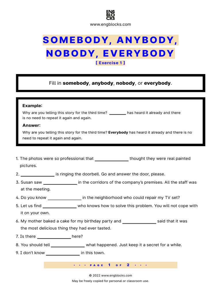 Somebody Anybody Nobody Everybody Exercise 1 | PDF