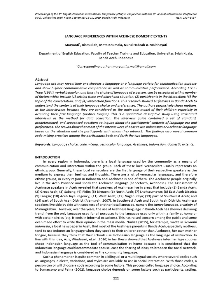 Meta 3rd Author Language Preferences Within Acehnese Domestic Extents ...