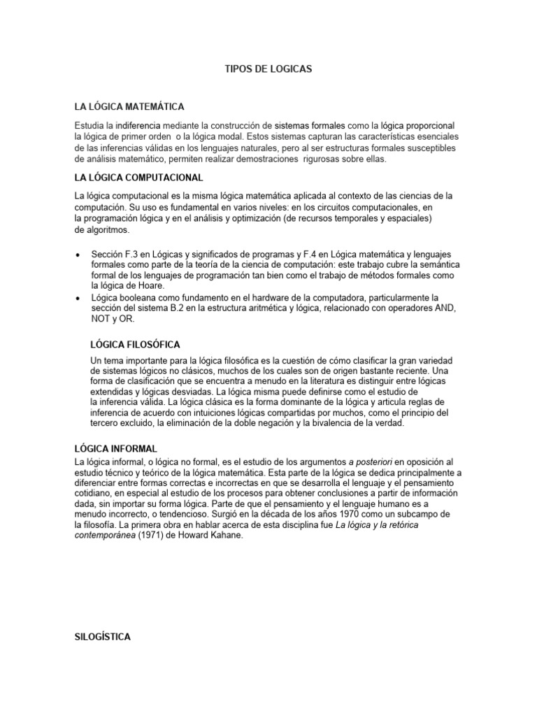 Tipos de Lógica y sus Clasificaciones | PDF | Lógica matemática ...