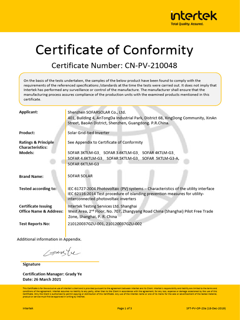 Sofar 3k 6ktlm-g3 Certificate Iec 61727 | Download Free PDF | Voltage ...