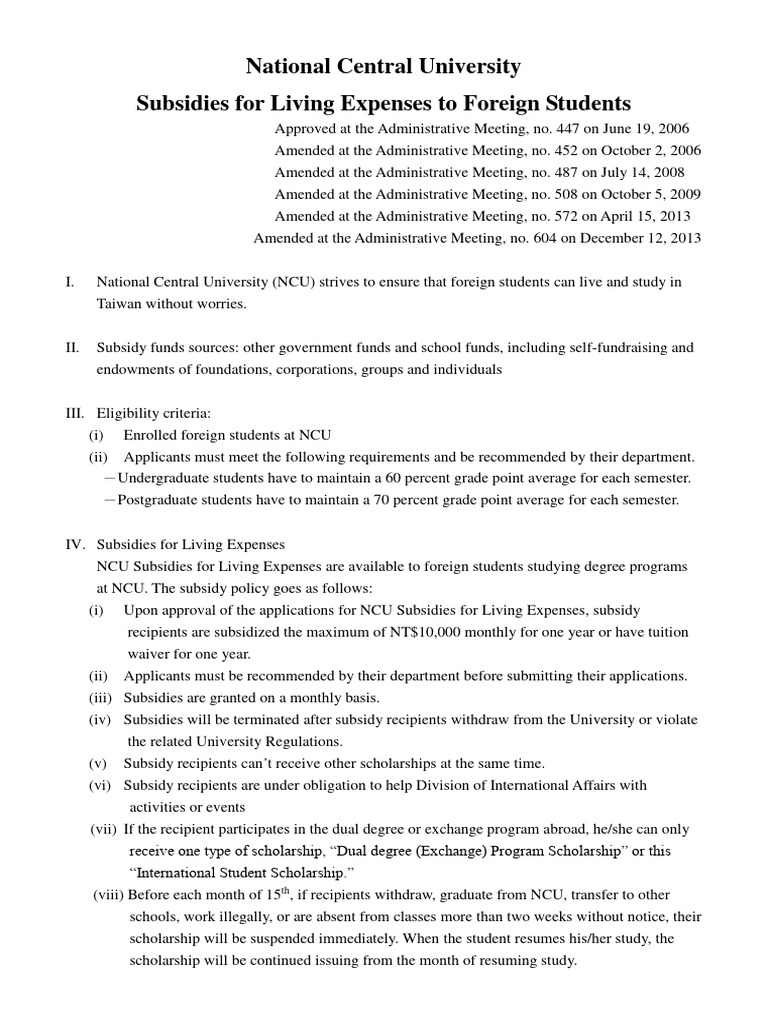 NCU For Foreign Students | PDF | Subsidy
