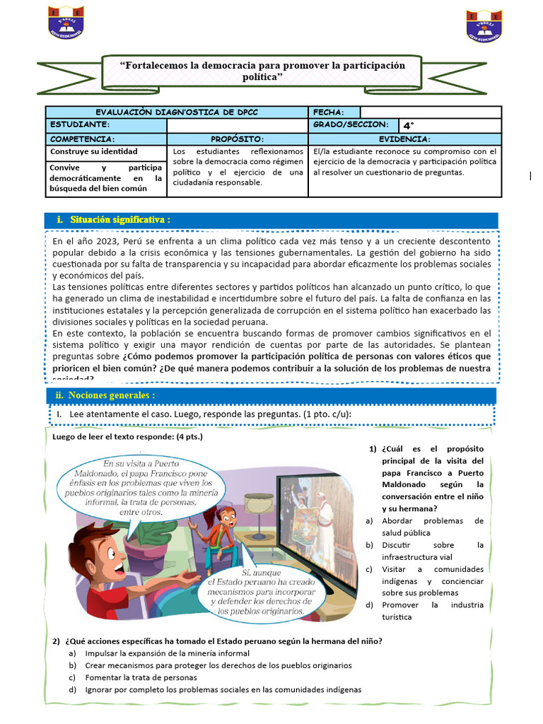 4° Dpcc Evaluacion Diagnostica 2024 Pdf Democracia Ideologías 1175