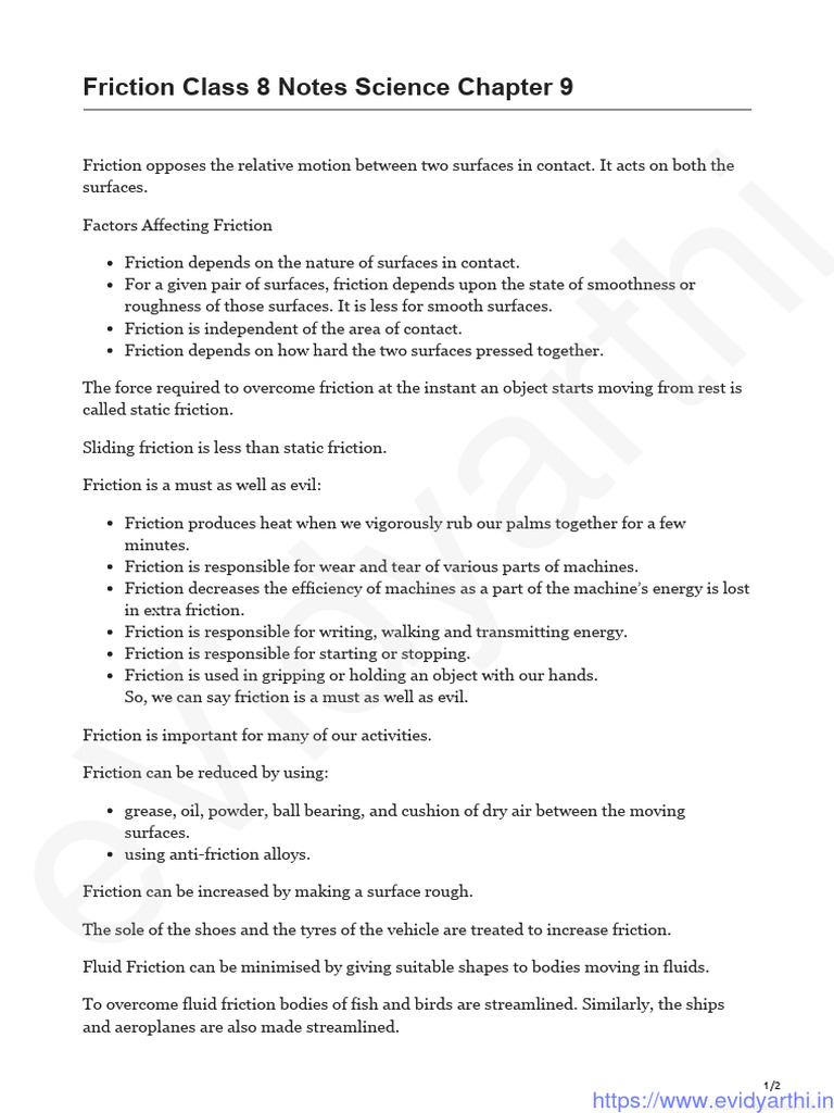 Notes Class 8 Science Chapter 9 | PDF | Friction | Bearing (Mechanical)