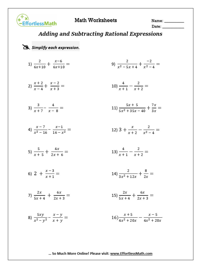 Adding And Subtracting Rational Expressions Pdf