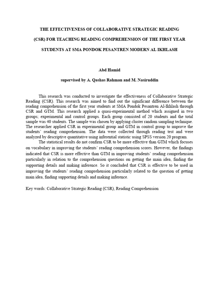 Effectiveness of Collaborative Strategic Reading | PDF | Reading ...