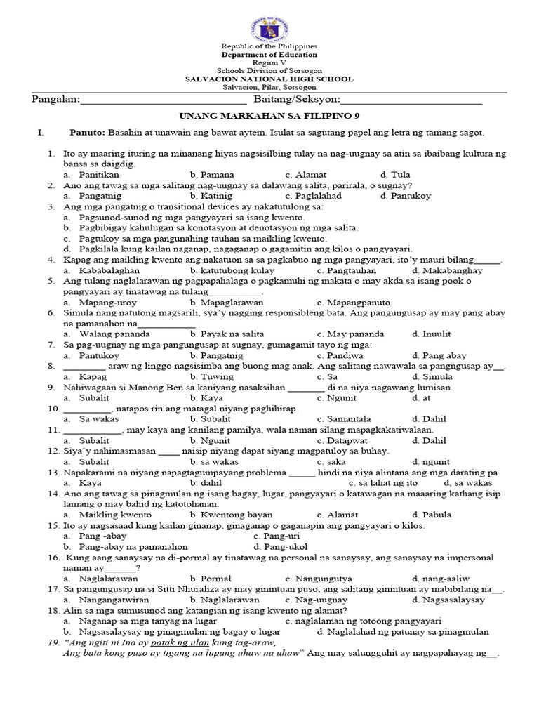 Summative in Filipino 9 | PDF