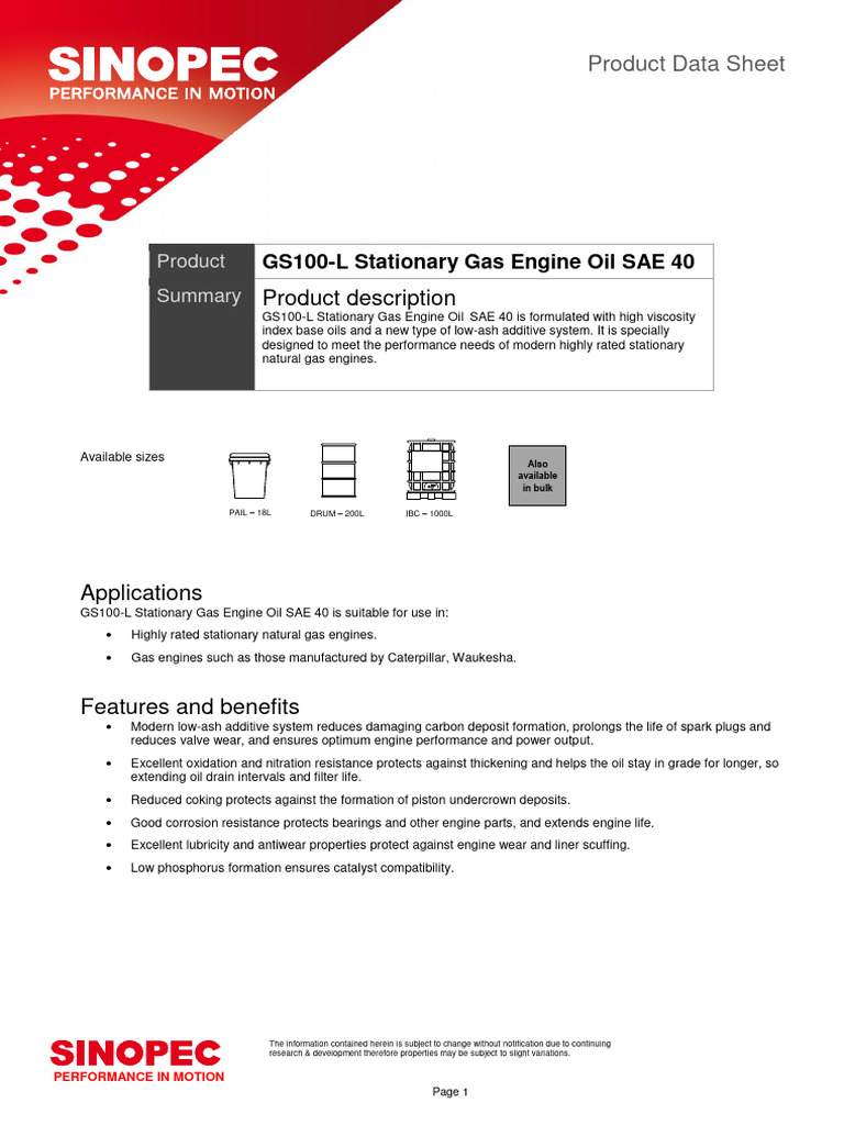 GS100-L Stationary Gas Engine Oil | PDF | Motor Oil | Mechanical ...