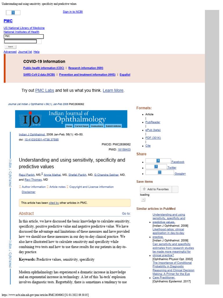 Understanding and Using Sensitivity, Specificity and Predictive Values | PDF | National Center ...
