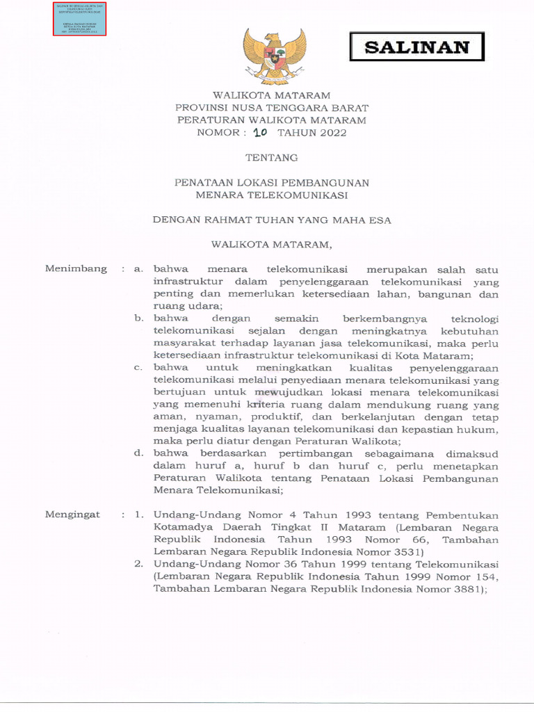PERWAL NOMOR 10 TAHUN 2022 tentang Penataan Lokasi Pembangunan Menara ...