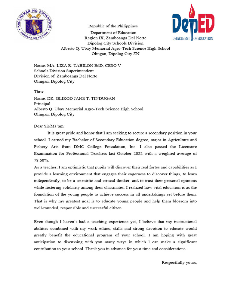 Deped Application Letter Eugene | PDF