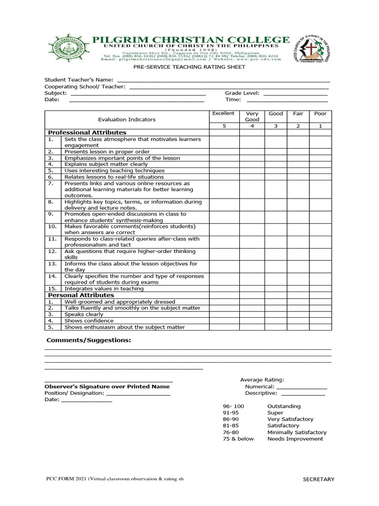 Pre SErvice Teachers Rating Sheets | PDF | Teachers | Learning
