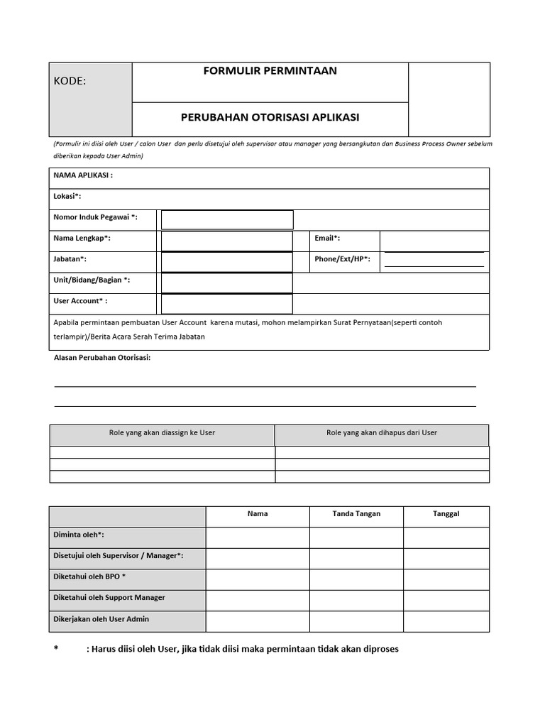 Formulir Permintaan Perubahan Otorisasi Aplikasi | PDF | Pengelolaan Keuangan & Uang