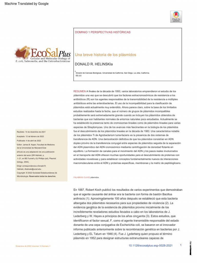 Helinski Kaper 2022 A Brief History of Plasmids | PDF | Plásmido | Las ...