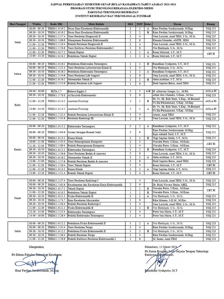 Jadwal Perkuliahan Selama Bulan Ramadhan 1445 H - Jadwal Perkuliahan Genap 2023-2024 | PDF