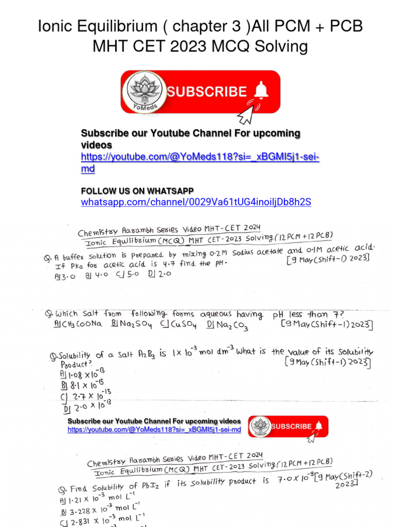 Ionic Equilibrium MHT CET 2023 PCM + PCB Section MCQ | PDF