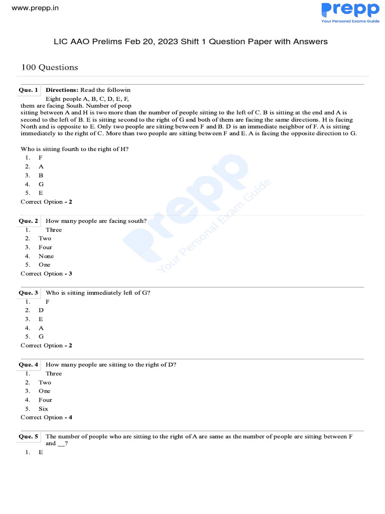 LIC AAO Prelims Memory Based Paper Shift 1 Held On 20 Feb 2023 | PDF