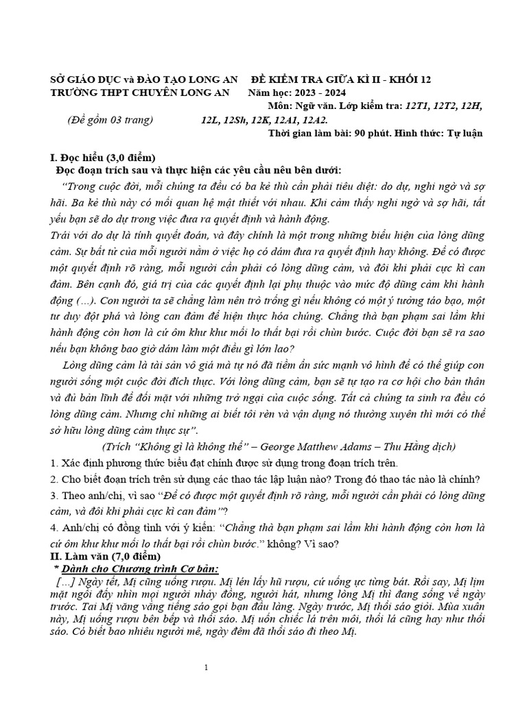 ĐỀ KTGKII 12CB,NC (23-24) | PDF