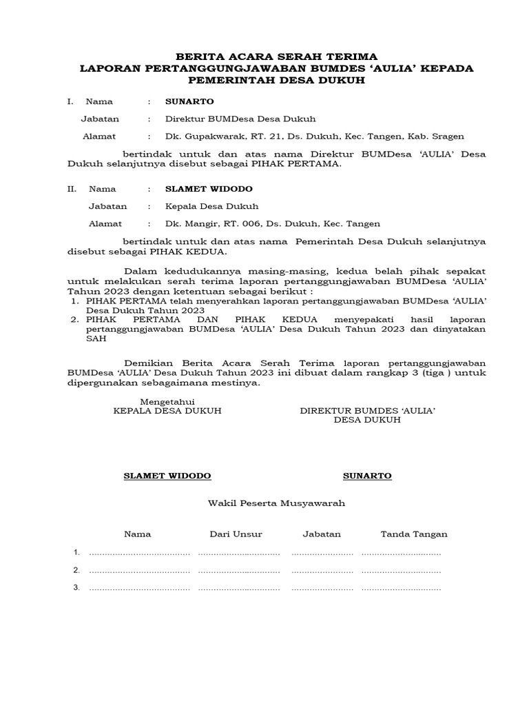 CONTOH BA SERAH TERIMA BUMDES | PDF