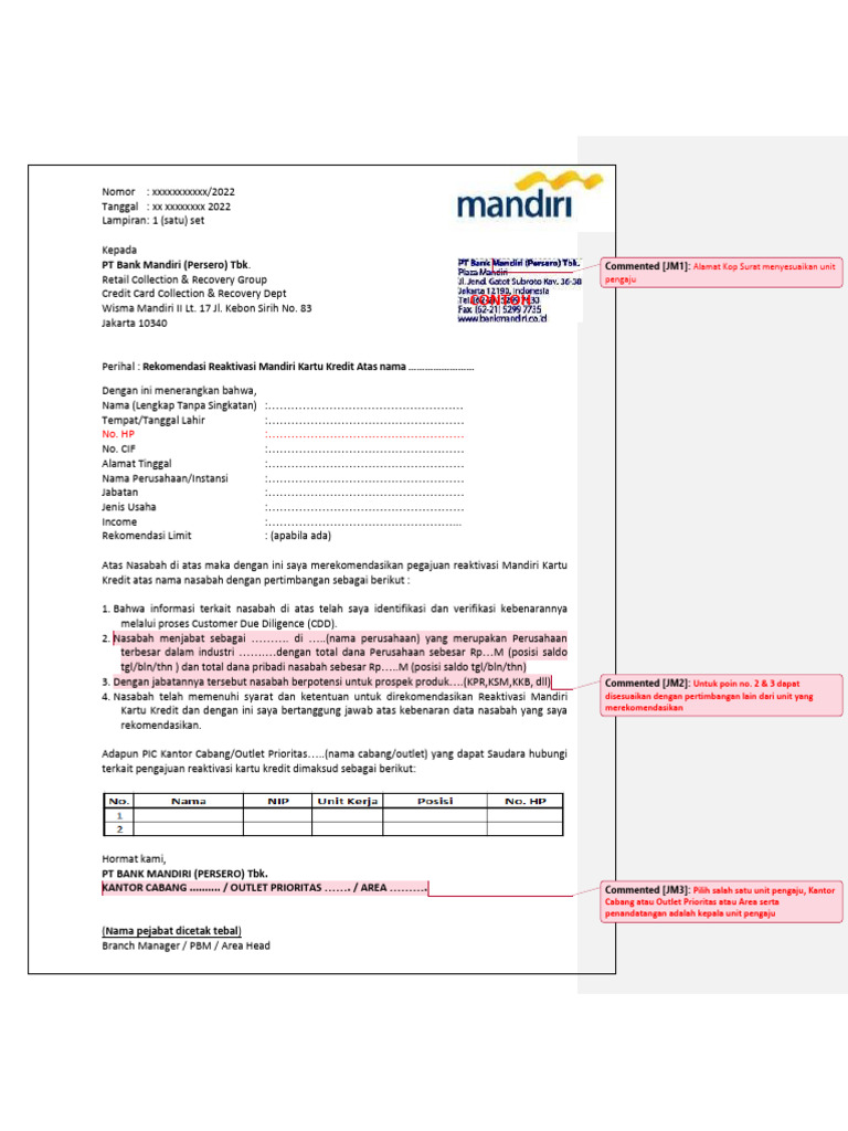 Contoh Surkom Reaktivasi Dari Kepala Unit Pengelola Dana (BM Atau PBM Atau Area Head) | PDF
