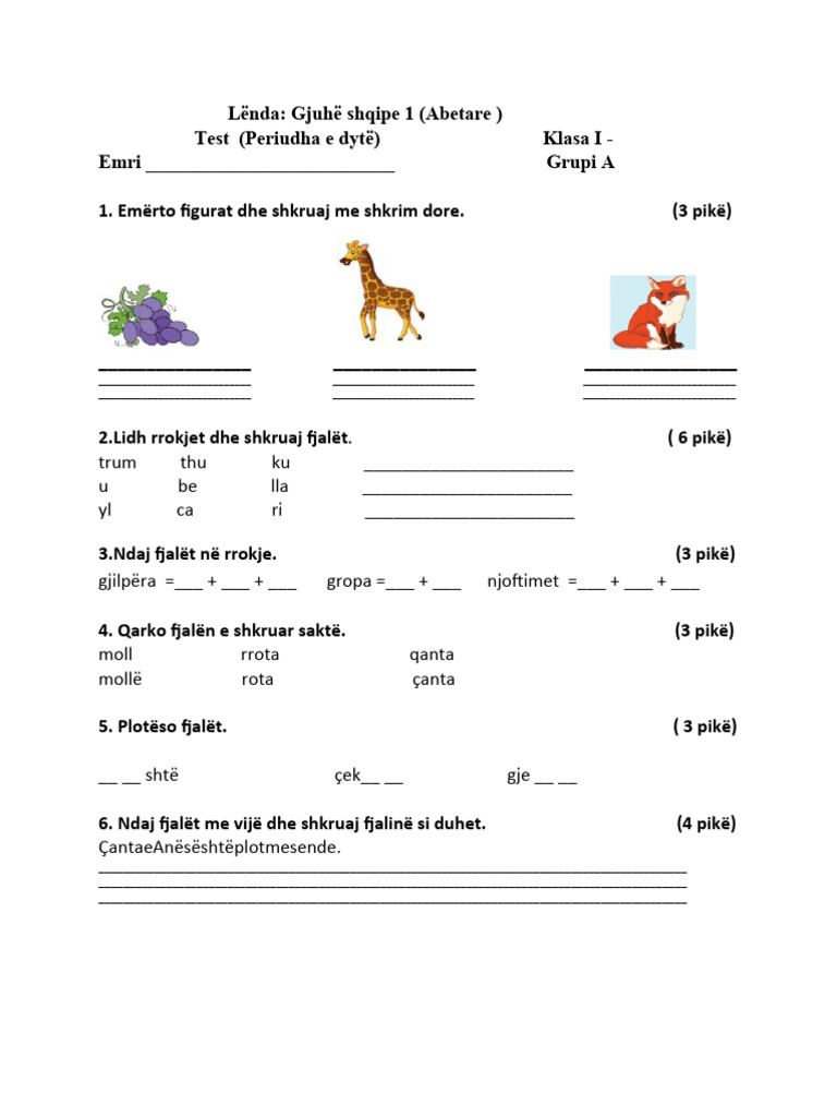 Test Abetare kl 1 .2 | PDF
