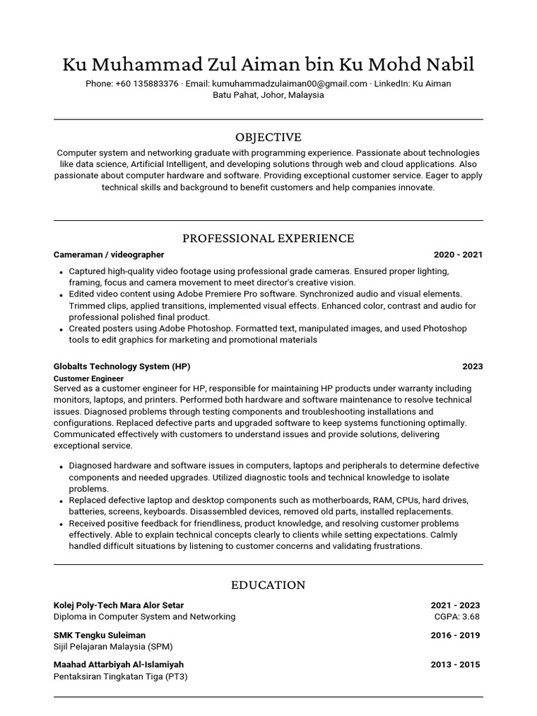 Resume - Ku Muhammad Zul Aiman (2023) | PDF | Laptop | Computer Hardware